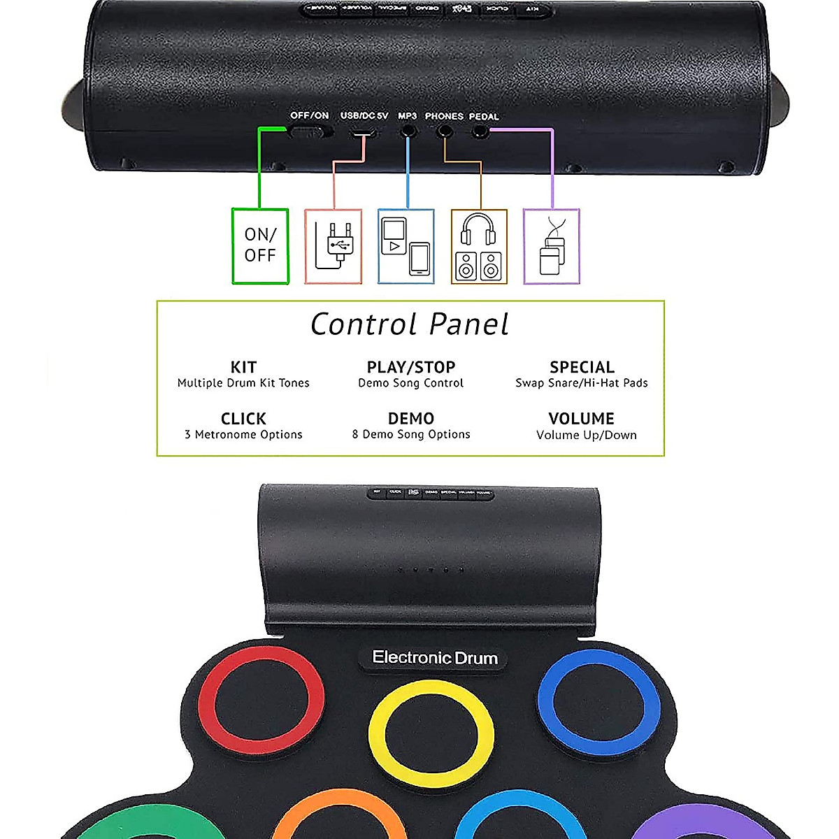 Electronic Drum Set,7 Practice Drum Pads,Roll-up Rechargeable Drum Set with Pedals,Sticks,Built-in Speaker/Headphone Jack, Rainbow Color