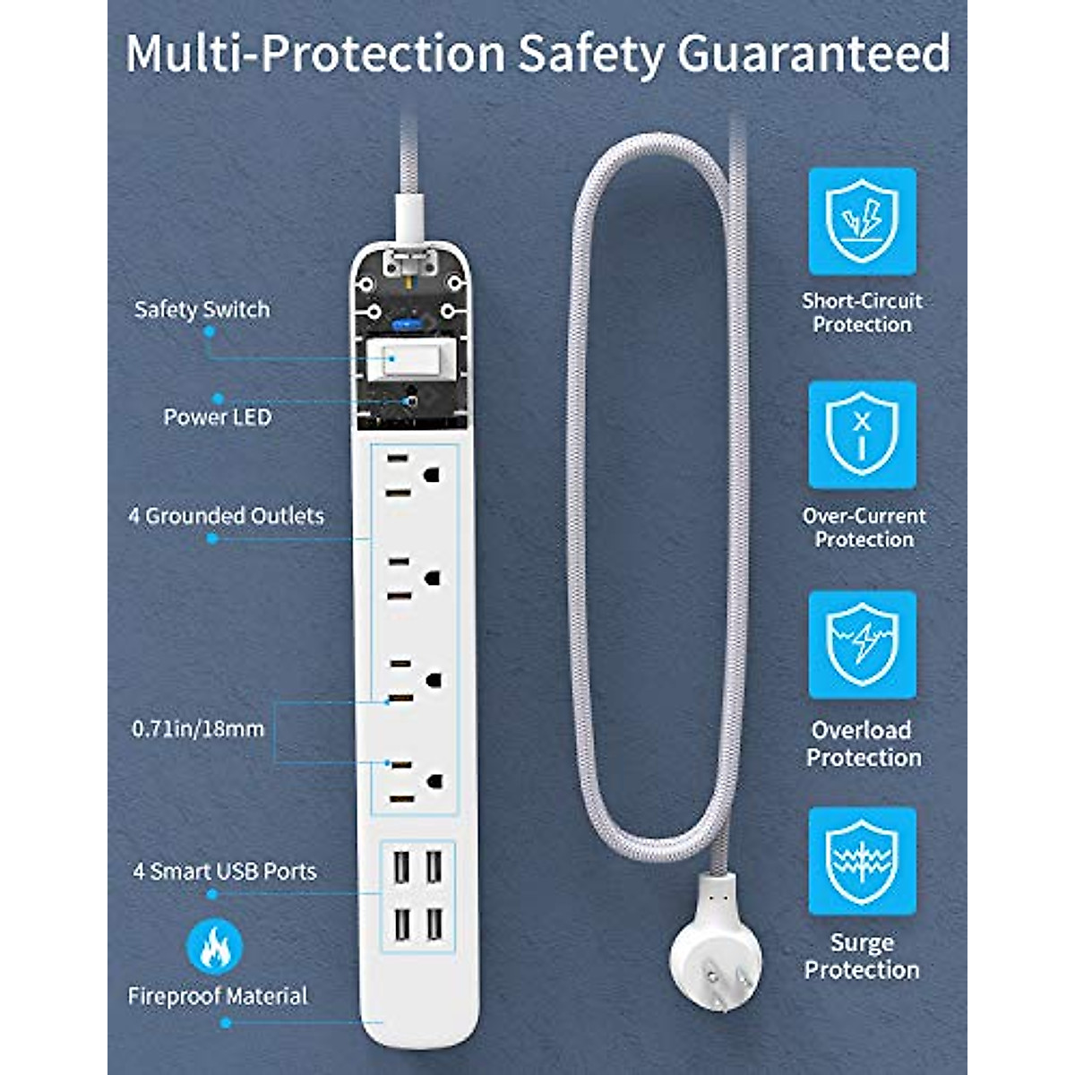 15ft Braided Power Strip Surge Protector with USB Ports, NTONPOWER Flat Plug Power Strip with Long Extension Cord, 4 Outlet 4 USB Desktop Charging Station, 1700 Joule, Circuit Breaker, for Home Office