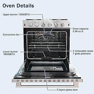 30 inch Gas Range Oven Gas Range Convection Oven Stove Stainless Steel Freestanding 5.56 cu.ft.4 Burners 42000BTU Large 3 Layers Tempered Glass Door Heavy Duty