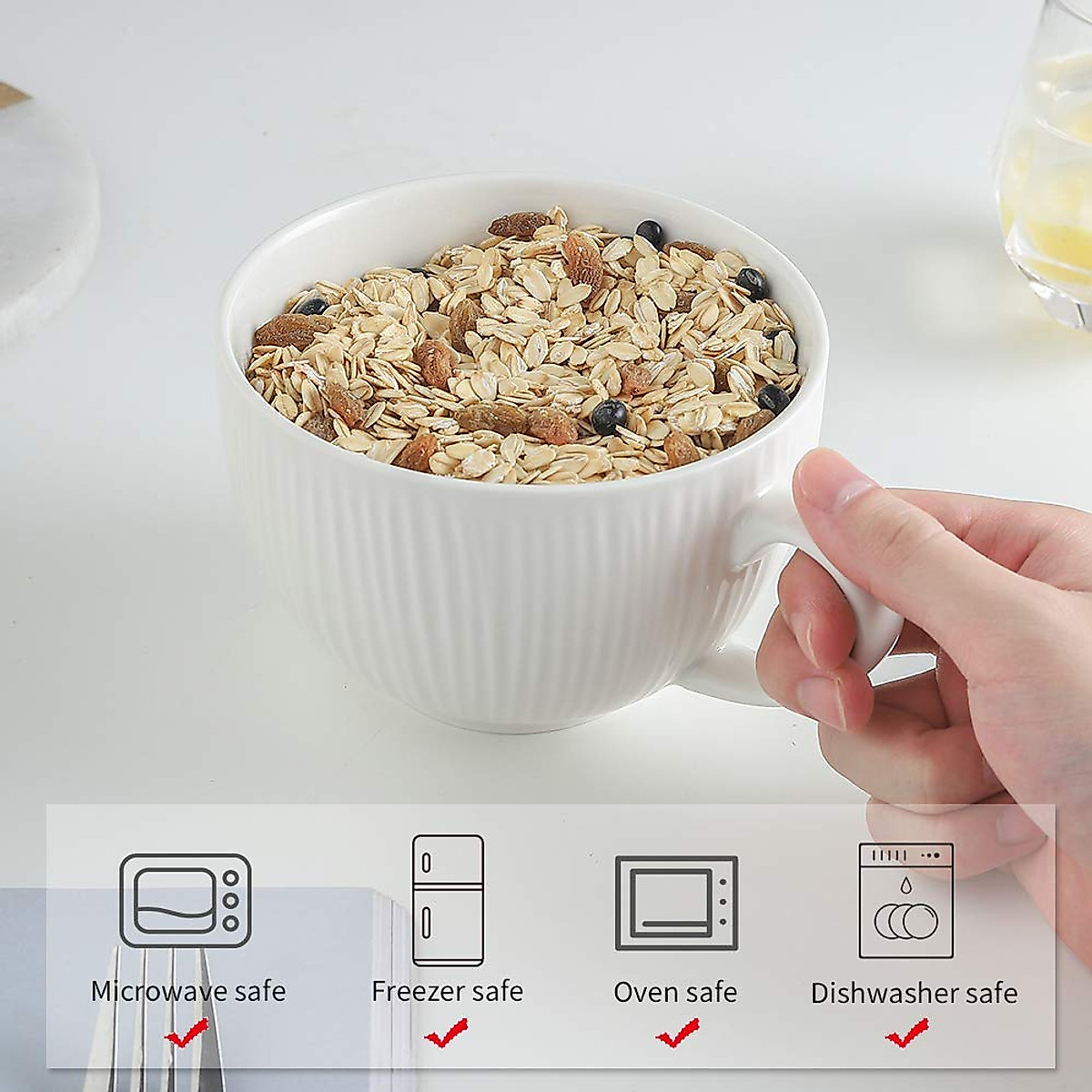 KOOV Jumbo Soup Mug, Soup Bowls with Handles Microwave Safe, Ceramic Soup Mugs with Handles, Jumbo Mug Set of 4, 24 Ounce (White)