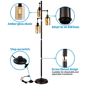 LEONLITE Farmhouse Floor Lamp for Living Room, Industrial Tree Standing Lamp with 3 Amber Glass Shades & Incandescent Bulbs, Rustic Vintage Tall Pole Light with Metal Base for Bedroom Office Study