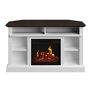NORTHWEST Corner TV Stand with Electric Fireplace Fits 55-Inch TVs - Console with Storage Cabinet, Remote, Adjustable Heat, and LED Flames (White)