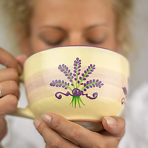 City to Cottage Handmade Ceramic Designer Lavender Floral Purple and Cream Cup, Unique Extra Large 17.5oz/500ml Pottery Cappuccino, Coffee, Tea, Soup Mug | Housewarming Gift for Tea Lovers