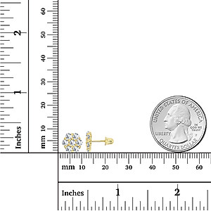 Solid 14K Yellow Gold 8mm Cluster Flower Created White Sapphire Birthstone Flower Screwback Stud Earrings For Women | 2.50mm Round Birthstone | 14K Gold Cluster Screwback Earrings For Women