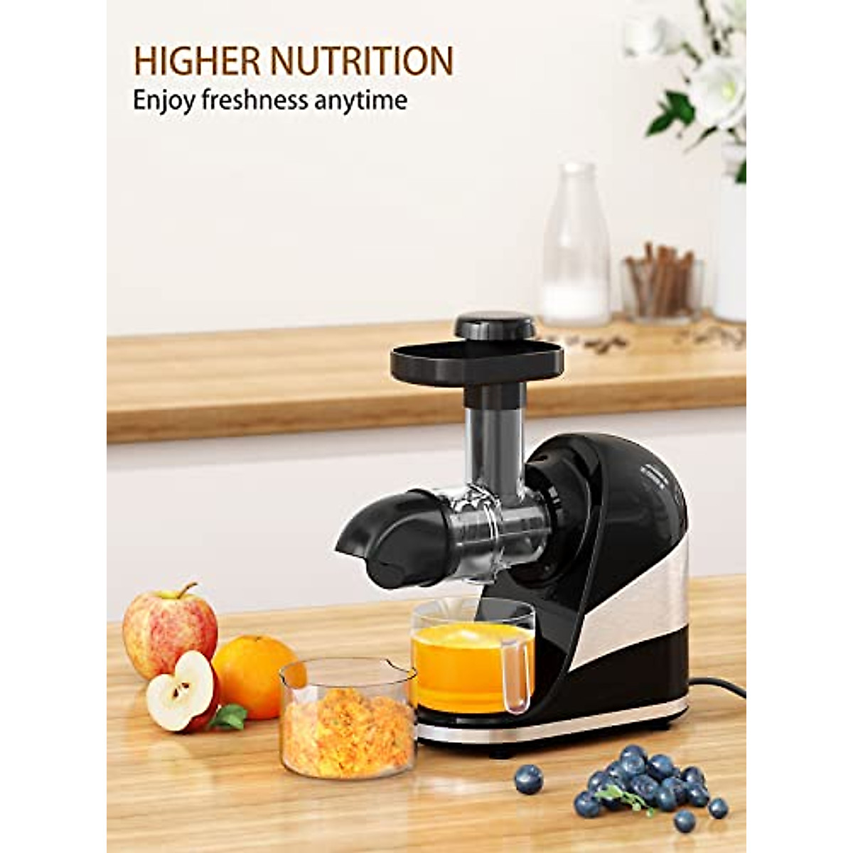 Wamife Slow Masticating Juicer Machine, Cold Press Juicer Extractor, 2 Modes & Reverse Function for High Nutrient Fruit & Vegetable Juice, Quiet Motor, with Cup & Brush(Black)