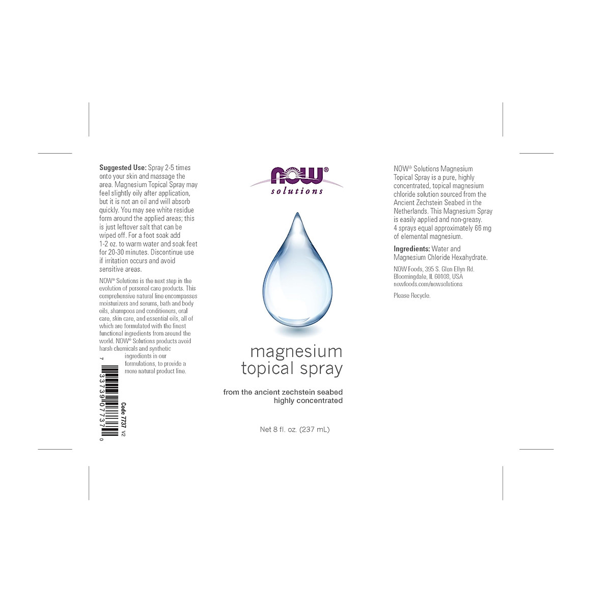 NOW Foods Solutions, Magnesium Topical Spray, from the Ancient Zechstein Seabed, Highly Concentrated, 8 Fl Oz (Pack of 1)