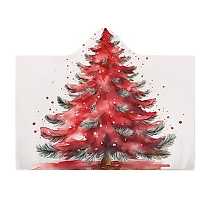 Soft Cozy Blanket Red Watercolor Christmas TreeWearable Blanket-Super Soft Plush Warm Blanket Throw BlanketsXmas Tree Blanket Hoodie for Women Men for Couch Bed 40"x50" Spring Summer Blanket Hoodie
