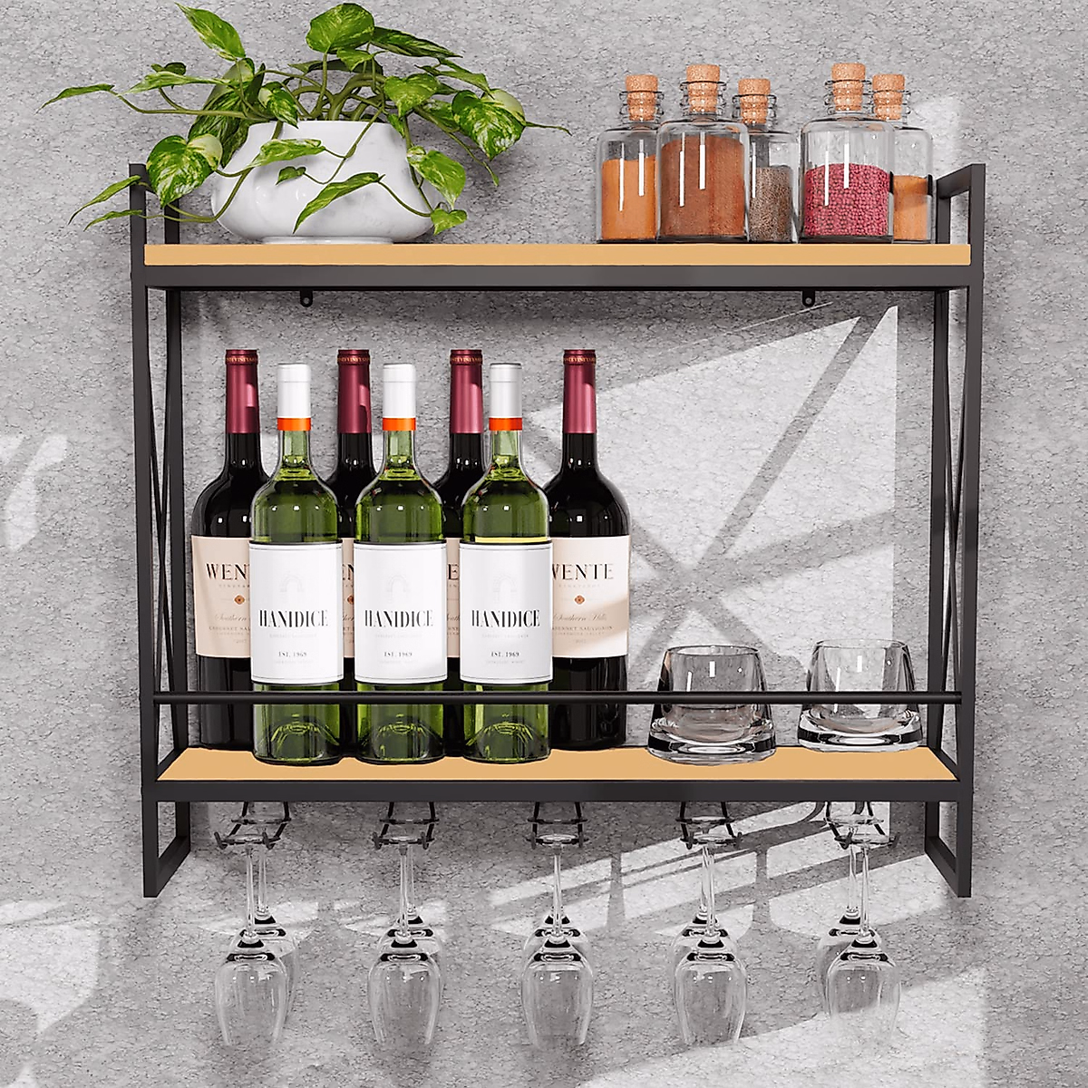 uyoyous Industrial Wine Racks 23.6 Inch Wall Mounted Wine Rack with Wine Bottles and Glass Holder 2-Tier Rustic Metal Hanging Wine Storage Display Shelf for Home Restaurant Bar