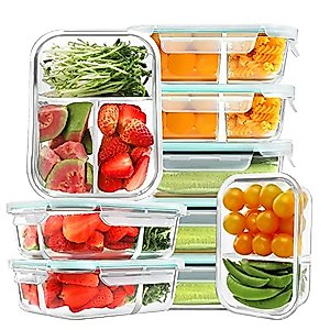 HOMBERKING 9 Pack Glass Meal Prep Containers 3 & 2 & 1 Compartment, Glass Food Storage Containers with Lids, Airtight Glass Lunch Bento Boxes, BPA-Free & Leak Proof (9 lids & 9 Containers) - Blue