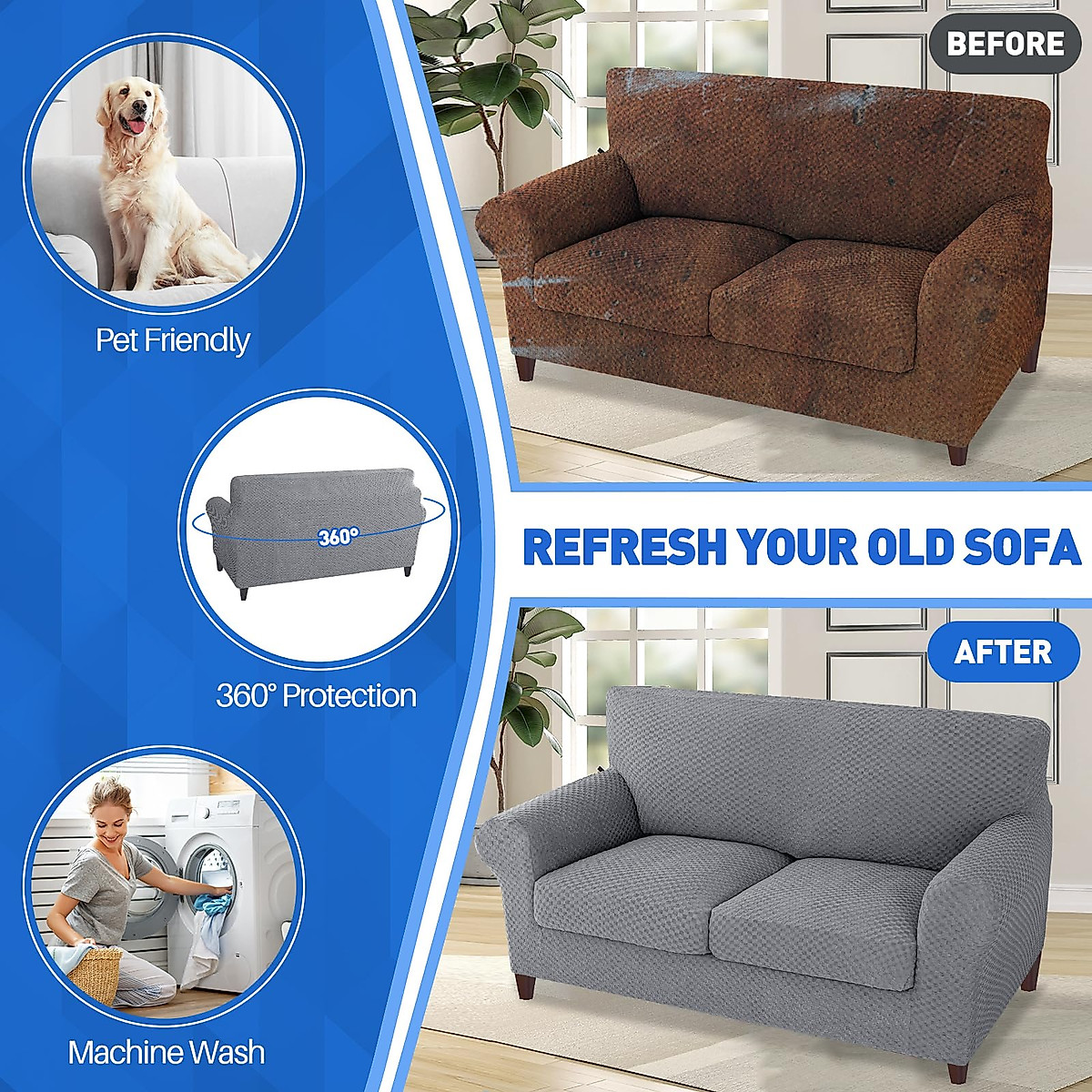 MAXIJIN 3 Piece Jacquard Couch Covers for 2 Cushion Couch Stretch Non Slip Love Seat Couch Cover for Dogs Pet Friendly Elastic Furniture Protector Loveseat Slipcovers (Loveseat, Light Gray)