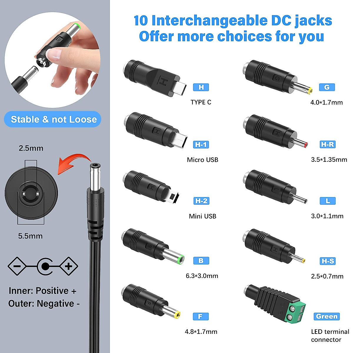 PERFEIDY 5V 1A 0.5A Charger 5.0V 1.0A AC Adapter 5W Power Supply DC 5V 1000mA 800mA 600mA 500mA Adaptor Regulated Transformer Cord with 10 Interchangeable Jacks Plug UL Listed