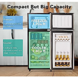 Anukis Compact Refrigerator 4.0 Cu Ft 2 Door Mini Fridge with Freezer For Apartment, Dorm, Office, Family, Basement, Garage, Silver