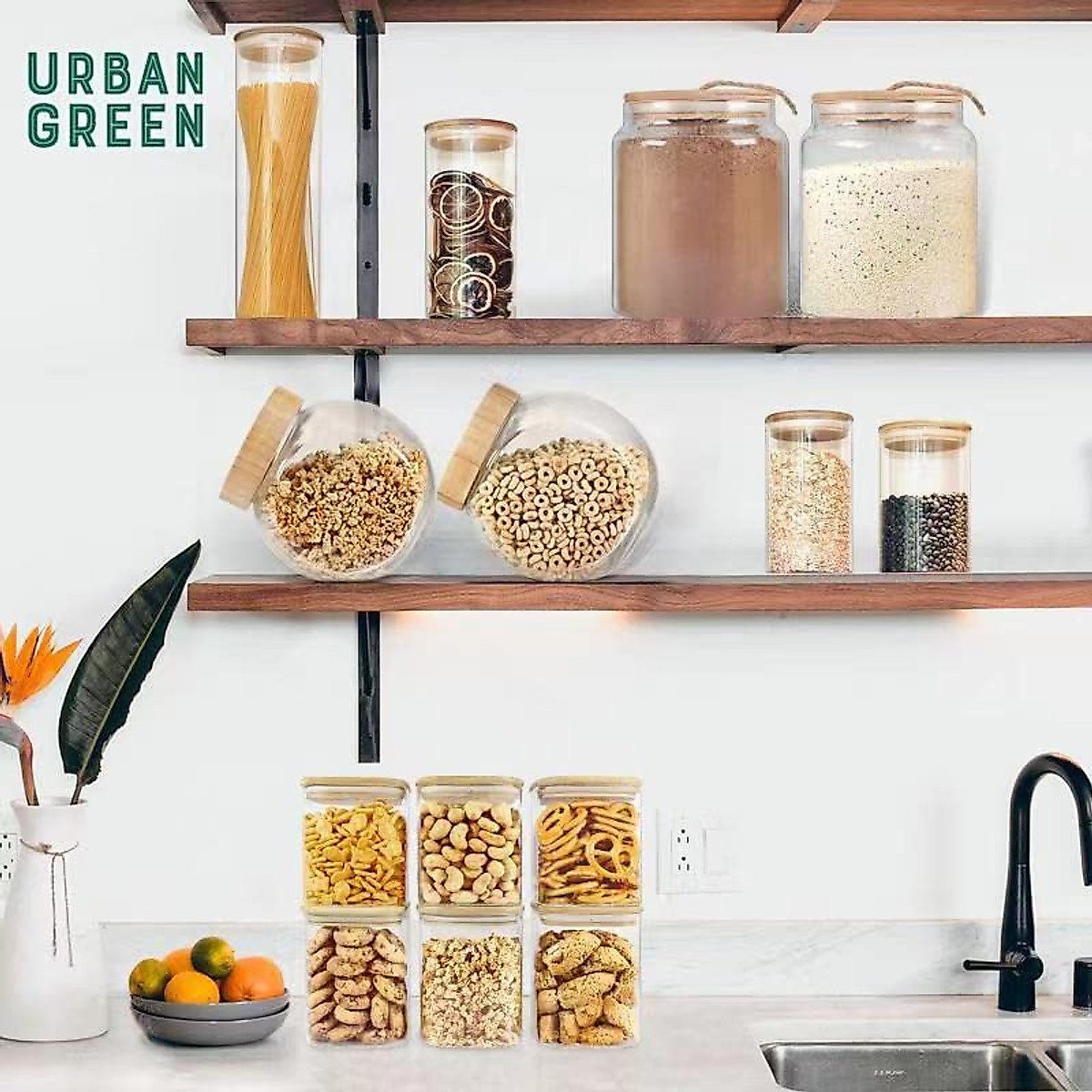 Glass Jars with Bamboo Lids, Square Glass Jar with airtight lids of 6 pack of 28oz, Square glass storage jars with airtight lids, Glass Food Storage Containers with airtight lids, Glass Panty Jars