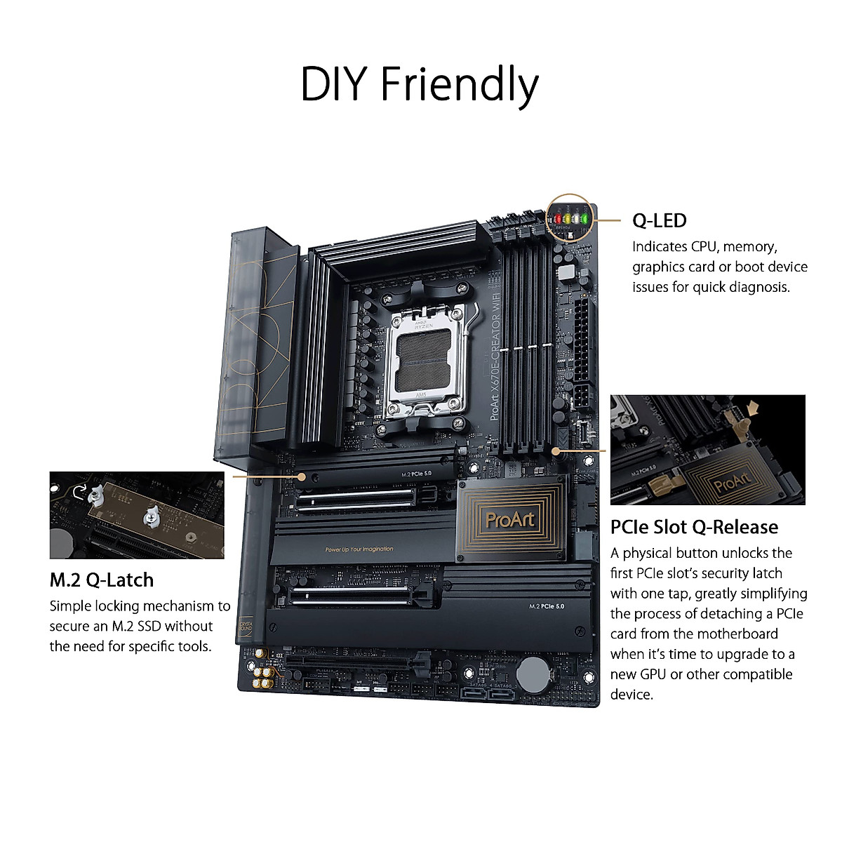 ASUS ProArt X670E-CREATOR WiFi AMD X670 AM5 Ryzen™ Desktop 9000 8000 & 7000 ATX Motherboard, 16+2 Power Stages, PCIe® 5.0 Ready, DDR5 Support, USB4®, 10 Gb & 2.5 Gb LAN, WiFi 6E, Four M.2 Slots