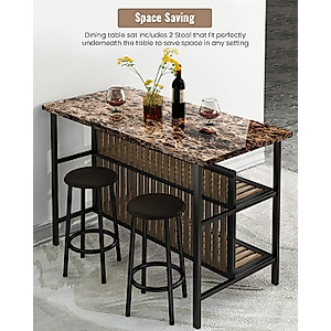 AWQM 3 Piece Bar Table Set with Storage, Kitchen Island with Seating Wooden Counter Height Table and Chairs Set, Brown