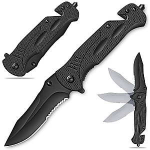 WONGSAM Pocket Knife for Men, Folding Knife with Glass Breaker, Seatbelt Cutter and Belt Clip, Black Survival Knife for Camping, Hiking, Fishing, Survival, Knives for Men