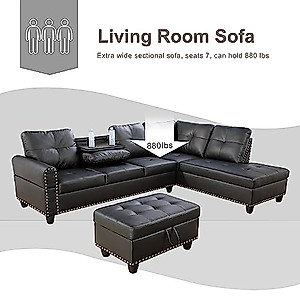 GEBADOL Living Room Furniture Sets,Small Leather Sectional Sofa,L Shaped Couch with Cup Holder and Ottoman(Right-Facing,Black Leather Sofa)
