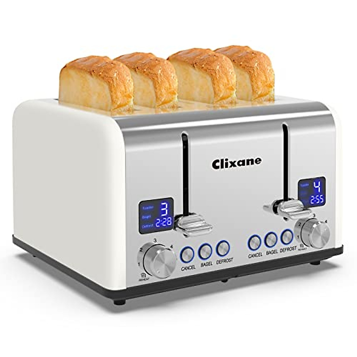 Toaster 4 Slice,1.5"Extra Wide Slot Stainless Toaster with Bagel Defrost Cancel Function, Dual Screen, Removal Crumb Tray (White)