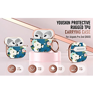 Youskin Airpod Pro 2 Case 2022 Flower Cute, AirPod Pro 2nd Generation Case, Rose Golden Plating Airpods Pro Case with Keychain，Shockproof Protective Case for AirPod Pro 2 2022，Blue Red Flower