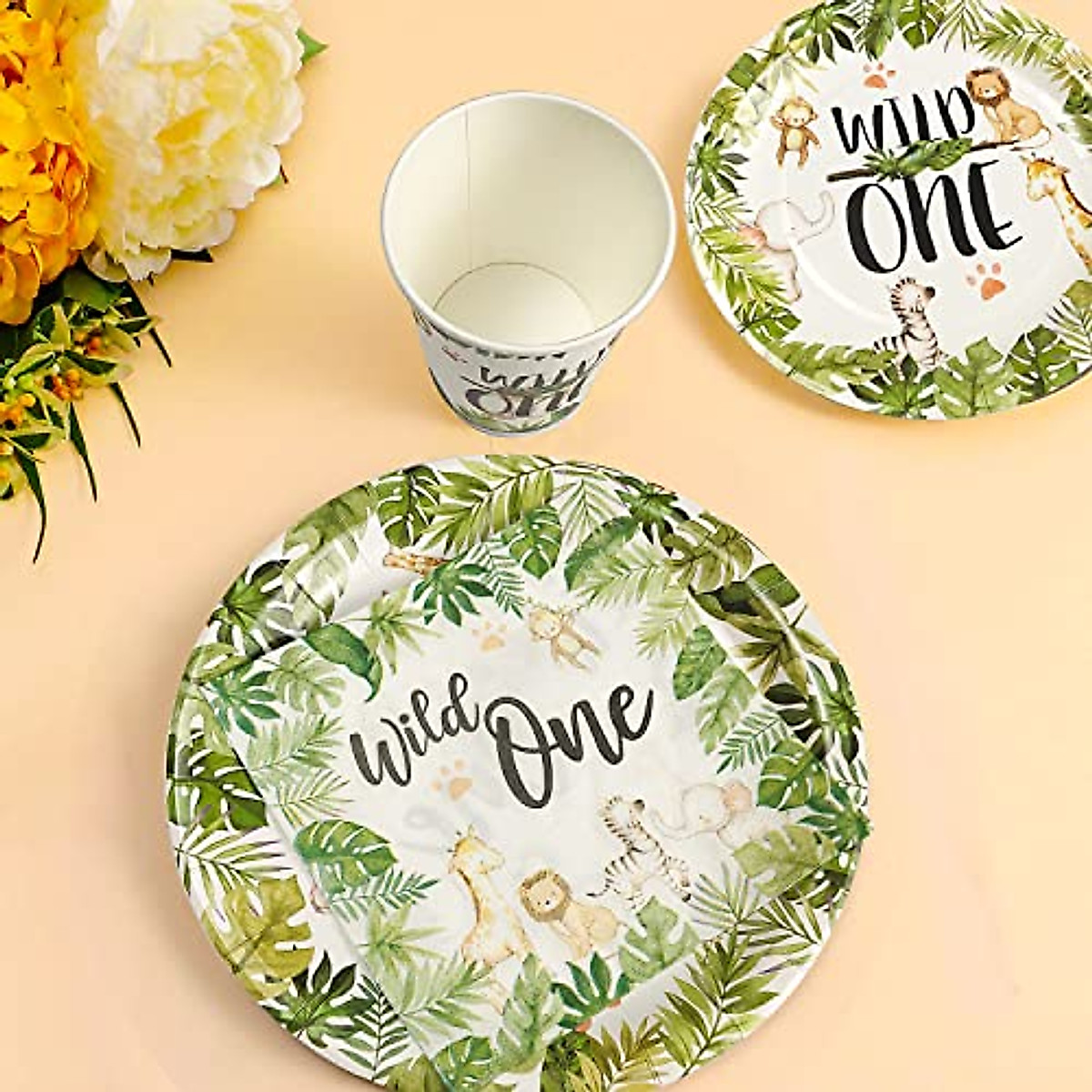 FVABO Wild One Birthday Decorations - Jungle Theme Party Supplies Tableware Includes Plates, Cup, Napkin, Balloon, Backdrop, Tablecloth, Straw, Cutlery, Banner, Safari Theme 1st Birthday Decorations