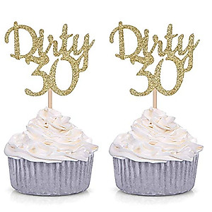 24 Counts Gold Glitter Dirty 30 Cupcake Toppers/Age Thirty Happy 30th Birthday Party Decorations Supplies
