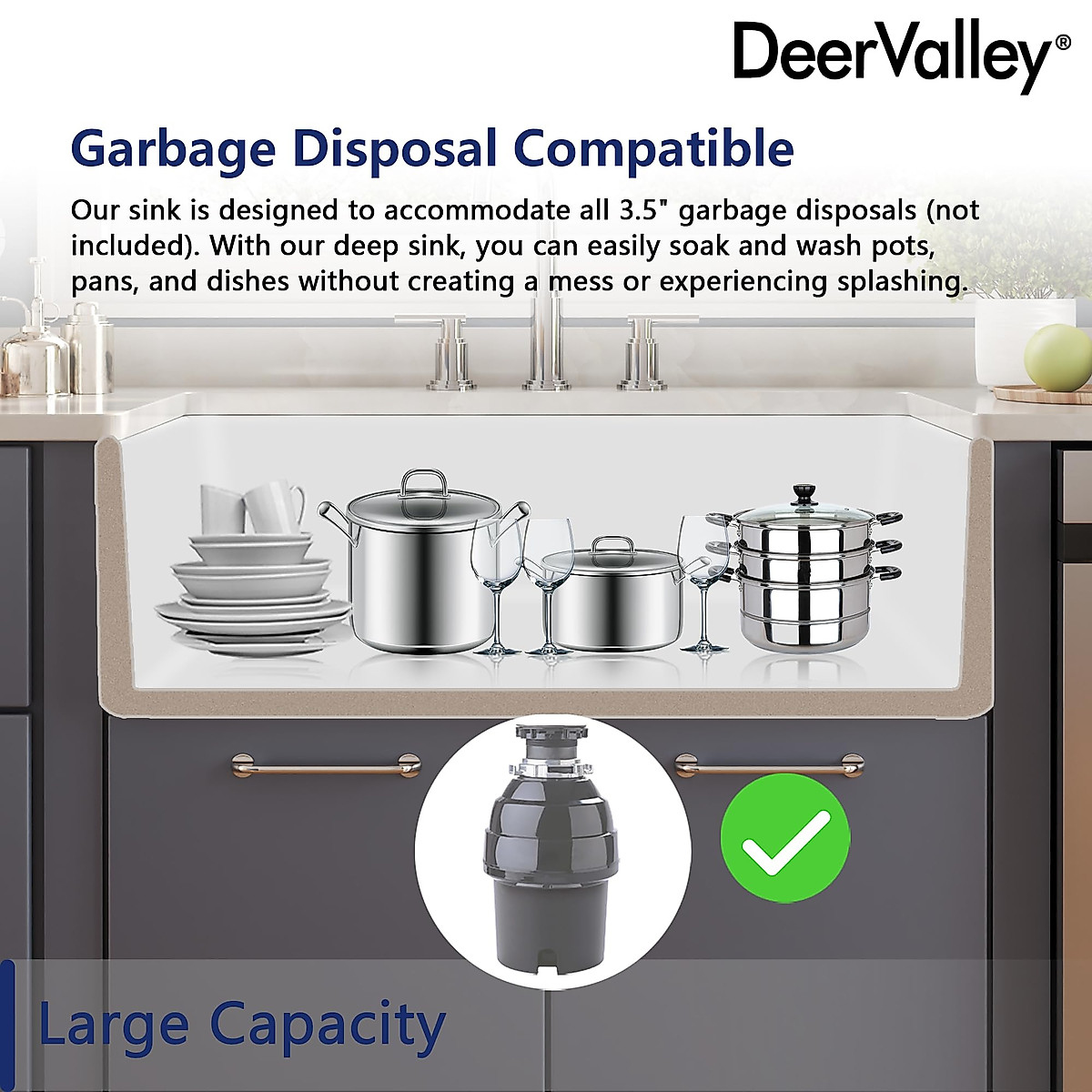 DeerValley 33" White Farmhouse Sink for Kicthen, Fireclay Kitchen Sink - Deep Single Bowl Apron Front Sink with Workstation Accessories