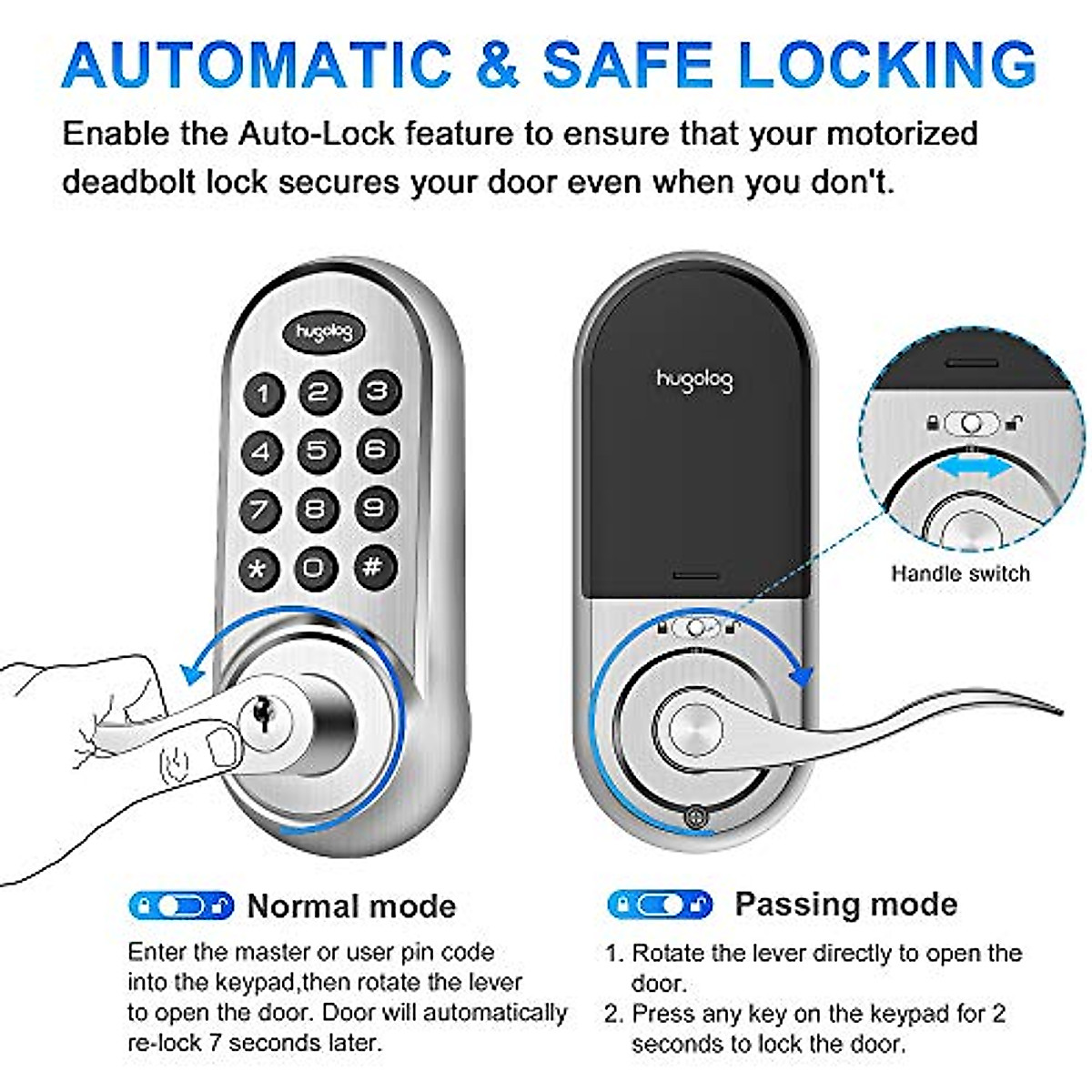 Hugolog Latchbolt Lock Electronic,Keyless Entry Door Lock, Keypad Door Lock with Handle, Easy to Install High Security Material for Metal Home & Office