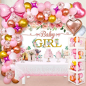 Winrayk 145Pcs Baby Shower Decorations for Girl Baby Boxes with Letters (Baby Girl+A-Z) & Rose Gold Pink Balloon Arch & Backdrop Tablecloth & Bowtie Heart Balloon Princess Girl Baby Shower Decorations