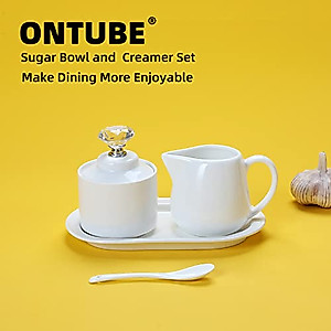 ONTUBE Porcelain Sugar and Creamer with tray and Crystal Lid Set of 4, Silver