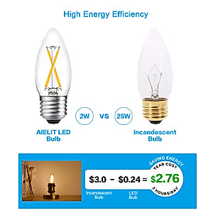 AIELIT Dimmable LED Candle Light Bulb, Vintage 2W B11 E26 LED Candelabra Bulbs 25 Watt Equivalent for Hotel Bedroom Entryway Chandelier Pendant Lights Wall Sconce Beside Lamp, Warm White 2700K, 4 Pcs