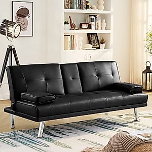 AWQM Faux Leather Futon Sofa Bed Upholstered Modern Convertible Sofa Bed Small Couch Bed Adjustable Couch Sleeper for Compact Living Space, Removable Armrests, Metal Legs, 2 Cupholders, Black