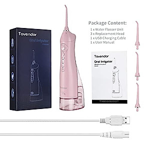 TOVENDOR Electric Water Flosser, Cordless Dental Oral Irrigator - 3 Modes, 3 Tips for Family Hygiene (300ML, Waterproof Waterflosser) (Pink)