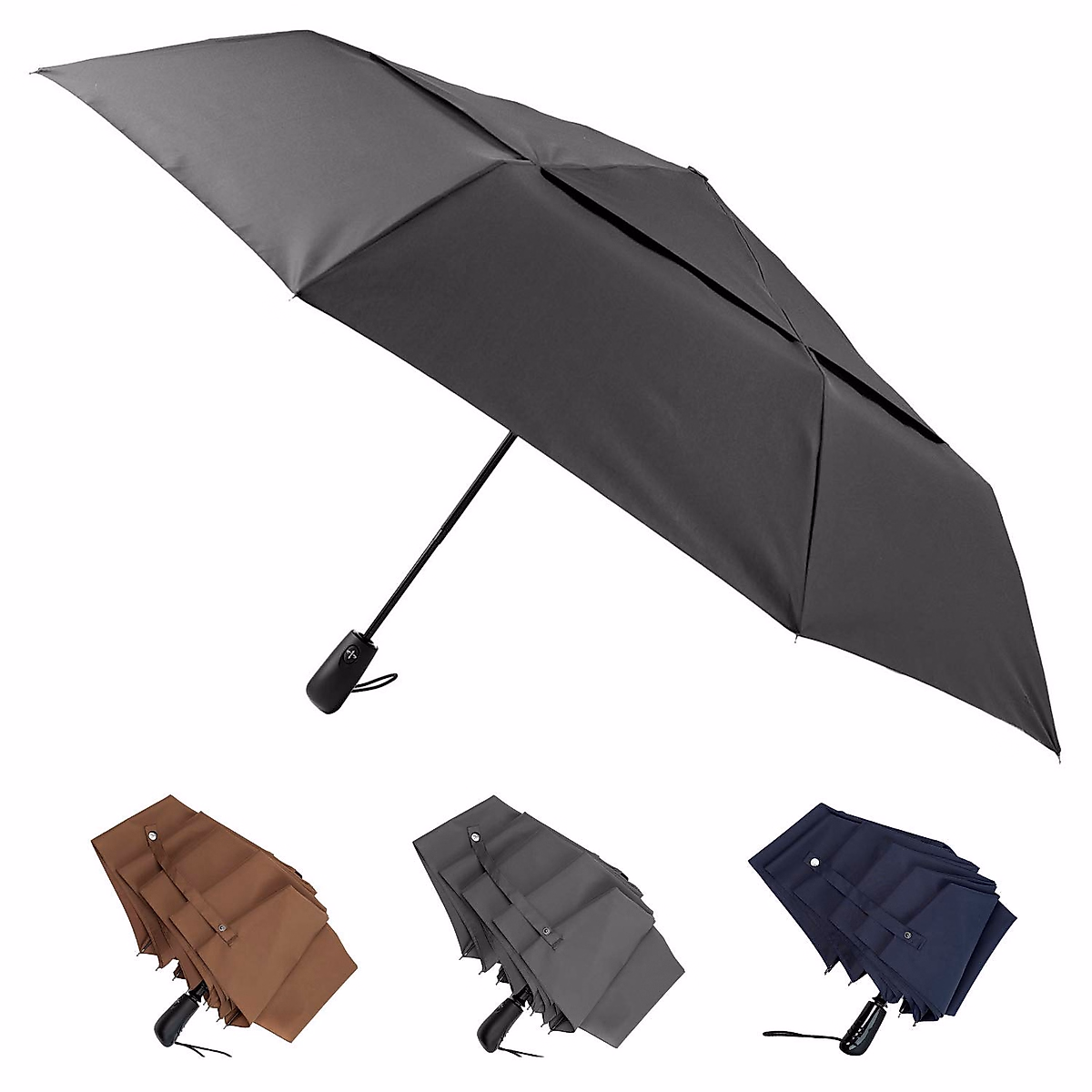 Large Umbrella Windproof 54 Inch Folds Into Portable Travel Size - Big Enough To Comfortably Fit In 2 Adults - Auto Open Close and Patented Vortex System For Superior Safety And Durability (Black)