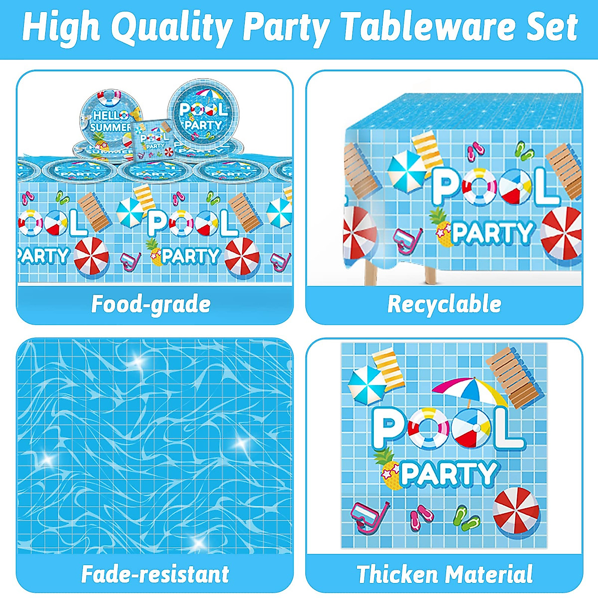 Pool Birthday Party Decorations Tableware Set Beach Table Decorations Supplies Pool Happy Birthday Banner Beach Theme Swirls Plates Napkins Forks Tablecloth for Hawaiian Summer Birthday Party Favors