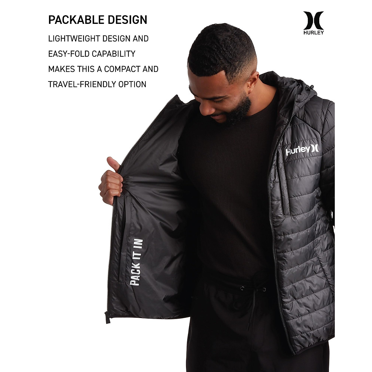 Hurley Men's Jacket - Balsam Lightweight Packable Puffer Coat - Weather Resistant Outerwear Windbreaker Coat for Men (M-XL), Size Medium, Grey Black