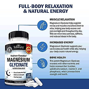 Magnesium Glycinate 500mg Capsules (120 Mini Caps) Maximum Absorption Magnesium Supplement for Nerves Muscles Heart Mood and Sleep Support (Vegan Safe with No Gluten, Soy or GMOs) by BioSchwartz