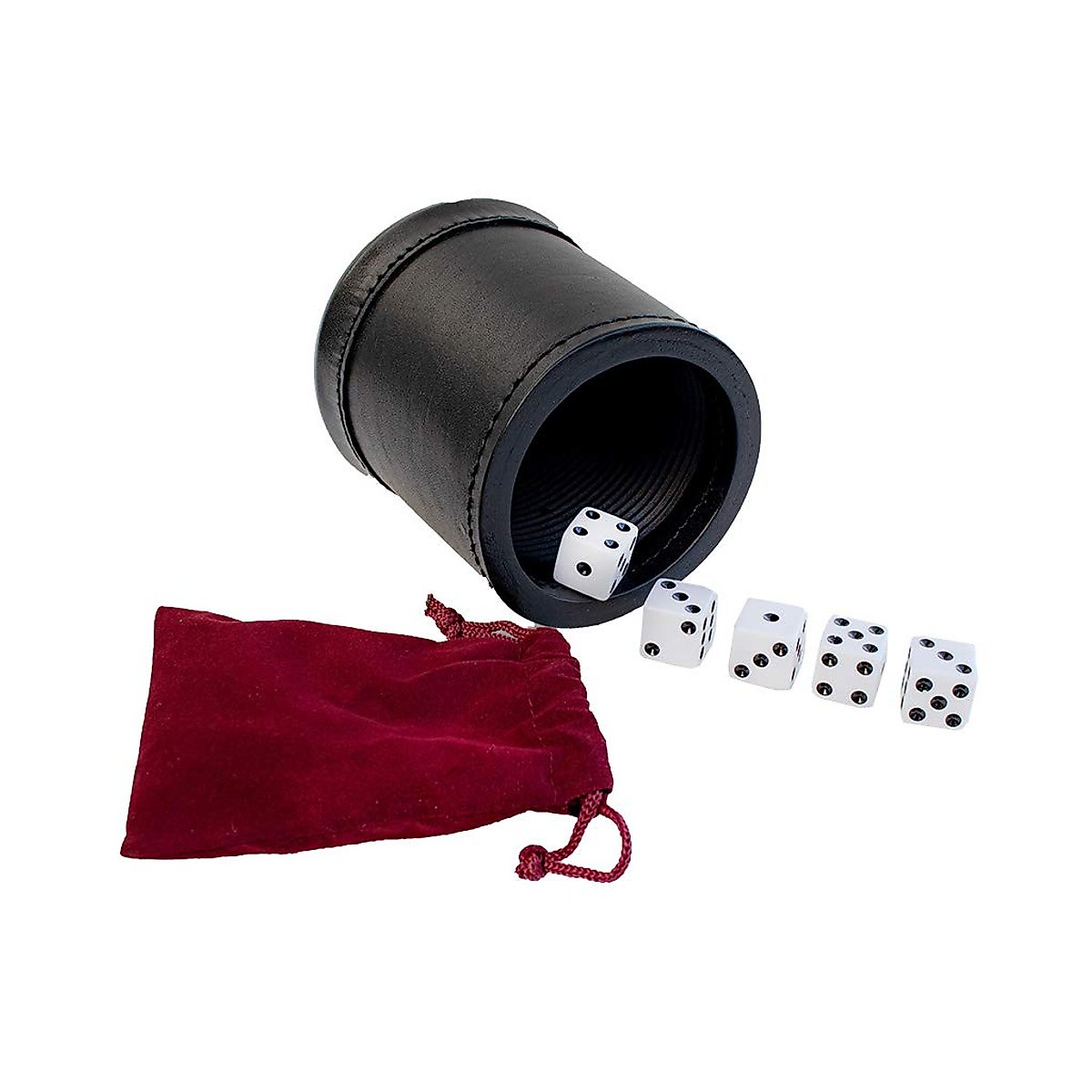 Alex Cramer Golden Gate Dice Shaker Cup Set - 5 White Dice, Drawstring Pouch & Book of Dice Games (Liar’s Dice) Included - Leather Dice Cup - Quiet Shaking.
