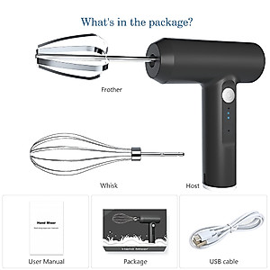 LHBD Cordless Hand Mixer- Electric Whisk USB Rechargeable Handheld Electric Mixing with 3 Speed Self-Control,304 Stainless Steel Egg Beaters & Balloon Whisk for Gifts,Tarts,Pancakes (black)