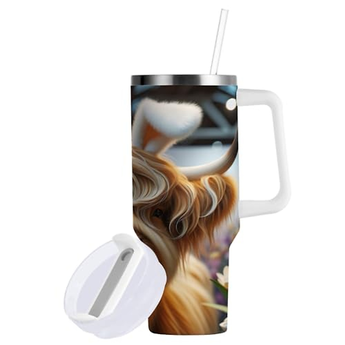 RPLIFE Easter Cute Highland Bunny Ears 40 Oz Tumbler with Handle, Stainless Steel Water Bottle with Straw, Coffee Tumbler