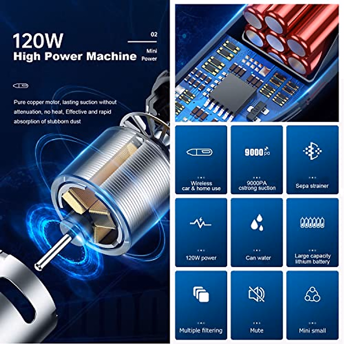 absob Cordless Vacuum Cleaner Mini Portable Handheld Car Seat Hoover 9000PA Powerful Suction Hand Vac Wet Dry Rechargeable Lightweight Home Office Keyboard Carpet Pet Dog Hair Cleaning USB Charging