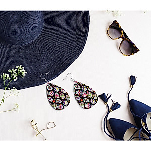 Zokola Day Of The Dead Leather Drop Earrings Set, Mexican Sugar Skull Flowers Black Lightweight Teardrop Earrings Leather Dangle Earrings For Women Friends Wedding Jewelry