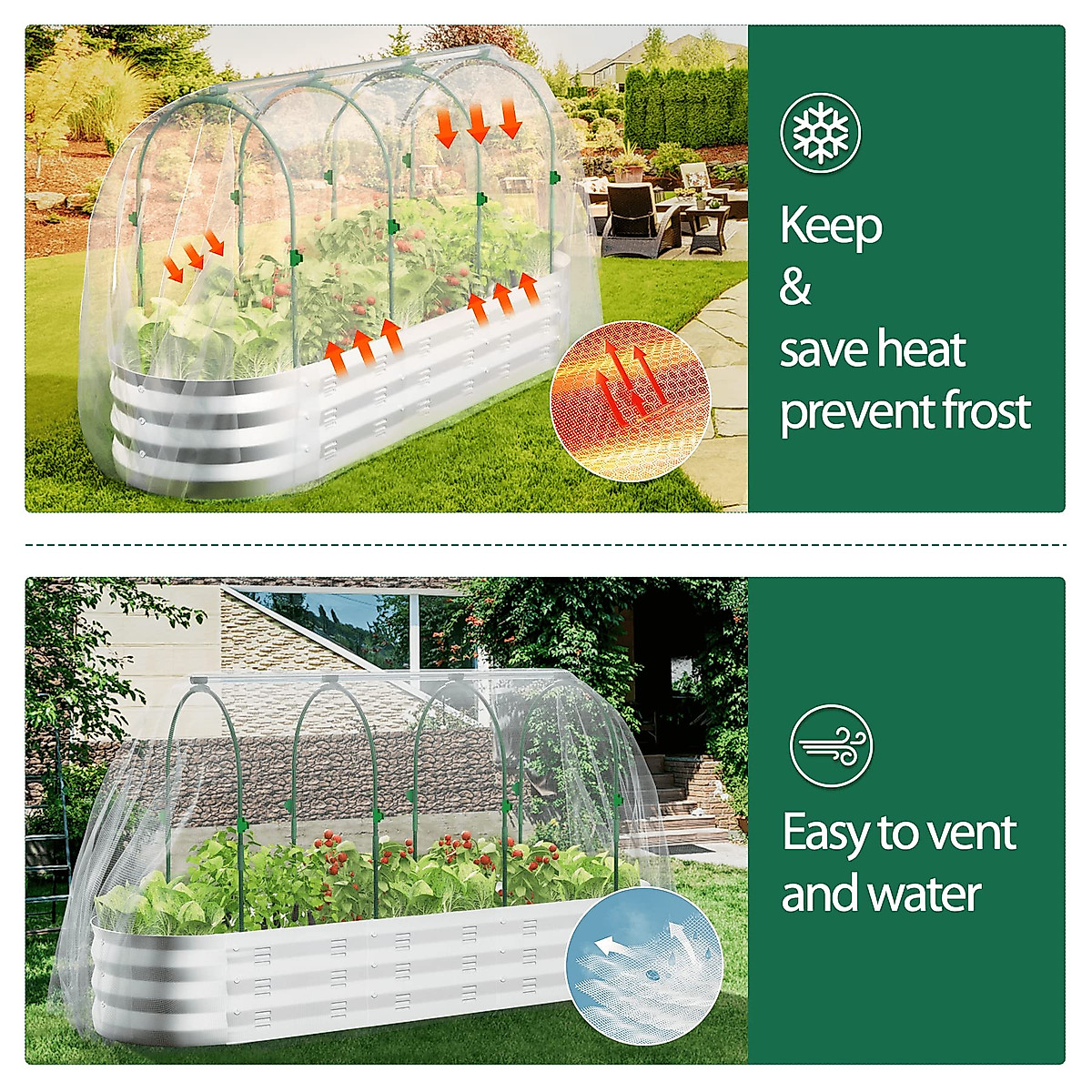 POTEY Raised Garden Bed with Greenhouse Galvanized Planter Box with 2 Greenhouse Cover for Outdoor Gardening Garden Box for Fruit, Vegetable, Flower, Herbs and Strawberry Plant