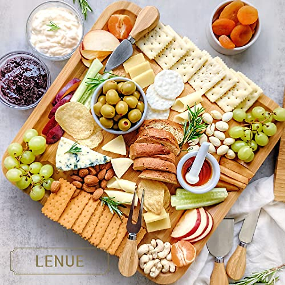 LENUE Premium Bamboo Cheese Board - Large Charcuterie Platter with Stainless Steel Knife Set - Wood Serving Tray and Accessories - Perfect for Birthday, Bridal Shower, Housewarming & Wedding Gifts