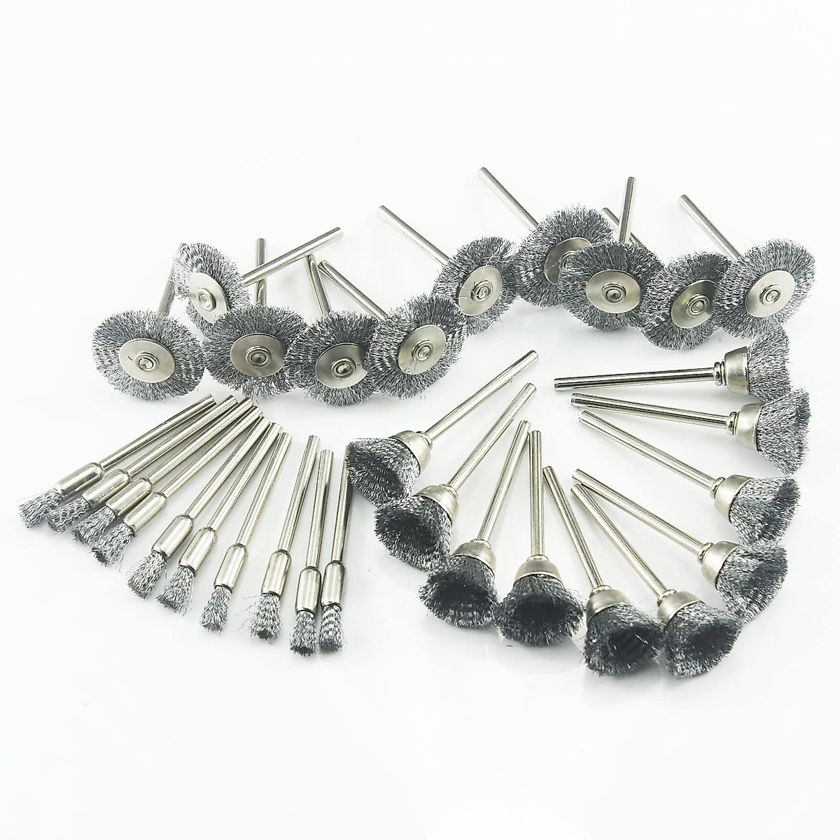 𝐉𝐔𝐍𝐋𝐈𝐗𝐍 30 Pcs Wire Brush Wheel, 1/8 Inch Shank Coarse Crimped Steel Wire Brushes Kits for Dremel Rotary Tool (Silver)