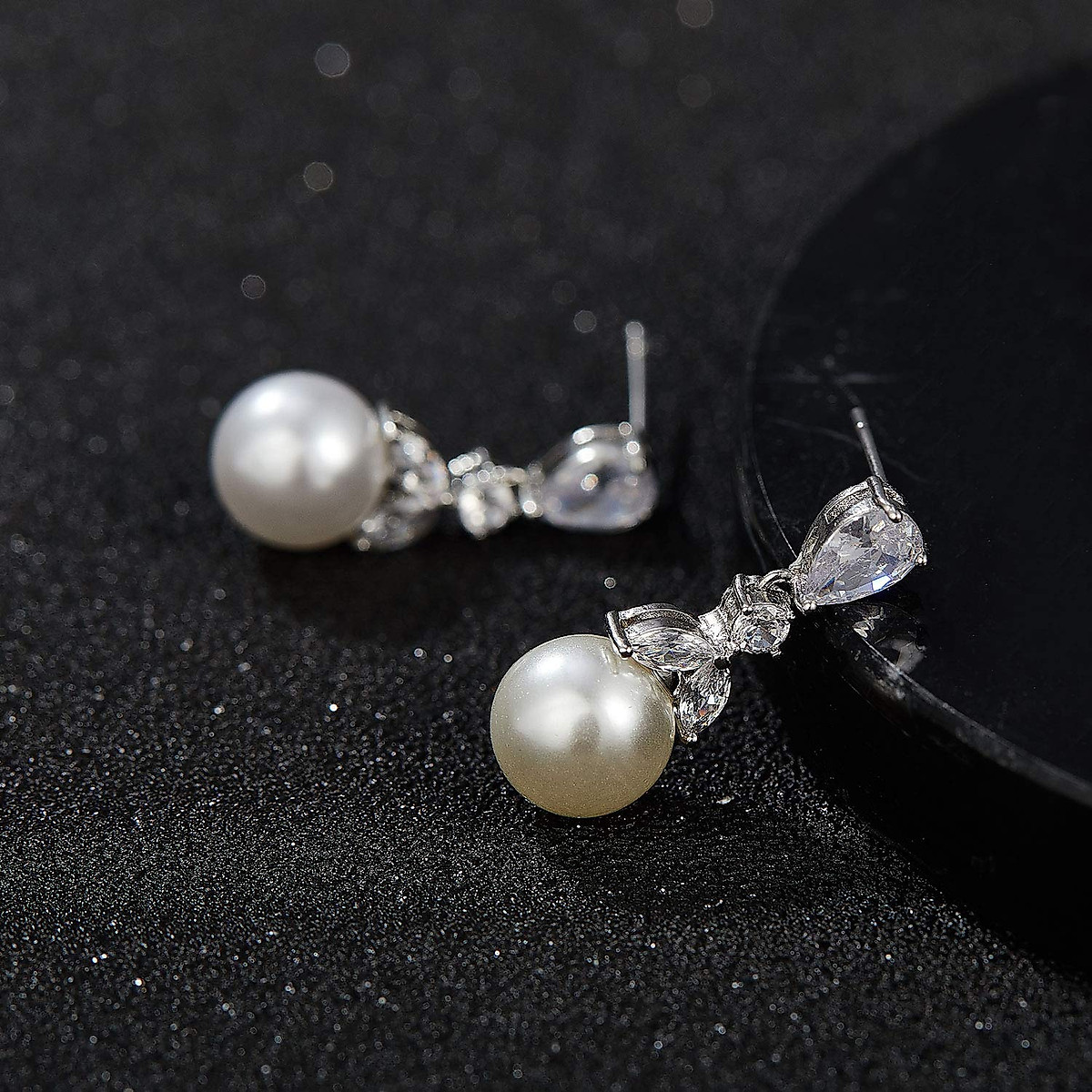 SWEETV Cubic Zirconia Pearl Drop Wedding Earrings for Brides, Ivory Camellia Bridal Pearl Earrings for Bridesmaid Jewelry Gift