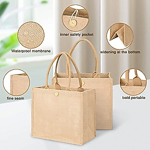 Jazpyne Burlap Tote Bags 4 Pack Jute Tote Bags with Handles and Button (13.7'' x 12.1'' x 7.6'') Reusable Shopping Bags Blank Gift Bags for Party Beach Trip Bridesmaid Wedding DIY