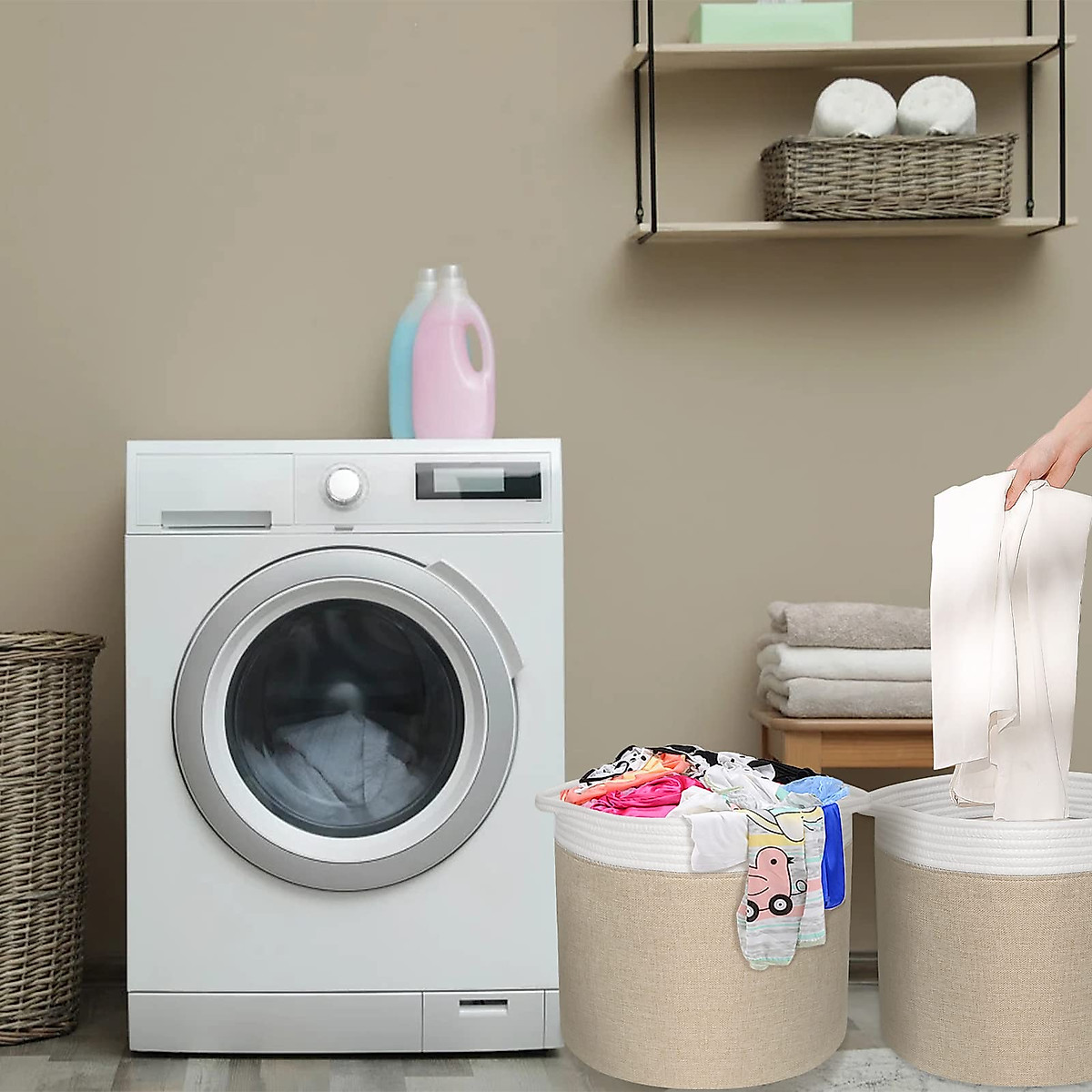 DSVENROLY 2Pcs Cotton Rope Storage Basket, 13.4" x 11.8" Linen Woven Baby Laundry Basket Blanket Baskets with Handles, Toy Nursery Storage Baskets Bin for Blankets Towels Pillows (Khaki)