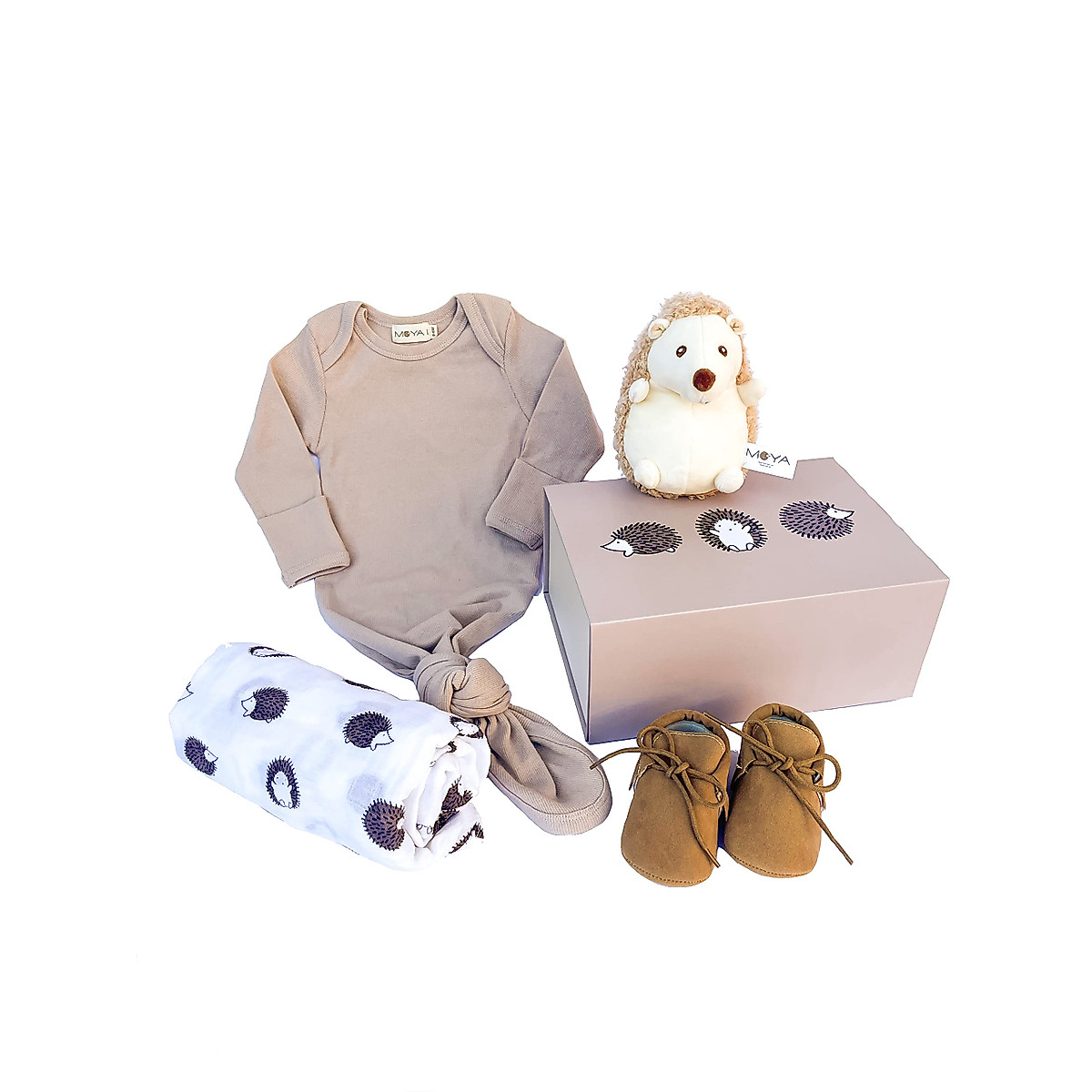 MOYA Baby Gift Box – Newborn Keepsake Box for Boy and Girl, Baby Clothes, Knotted Gown and Swaddle Blanket, Baby Shower Gifts Set for Unisex in a Box and a Basket, Baby Welcome Box, Baby Registry.