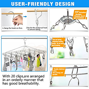 SYJINHUASY Tainless Steel Sock Drying Rack with 20 Clips, Stainless Steel Space-Saving Dryer Rack Washline for Sock,Underwear Etc Small Laundry Items (Stainless Steel-Square)