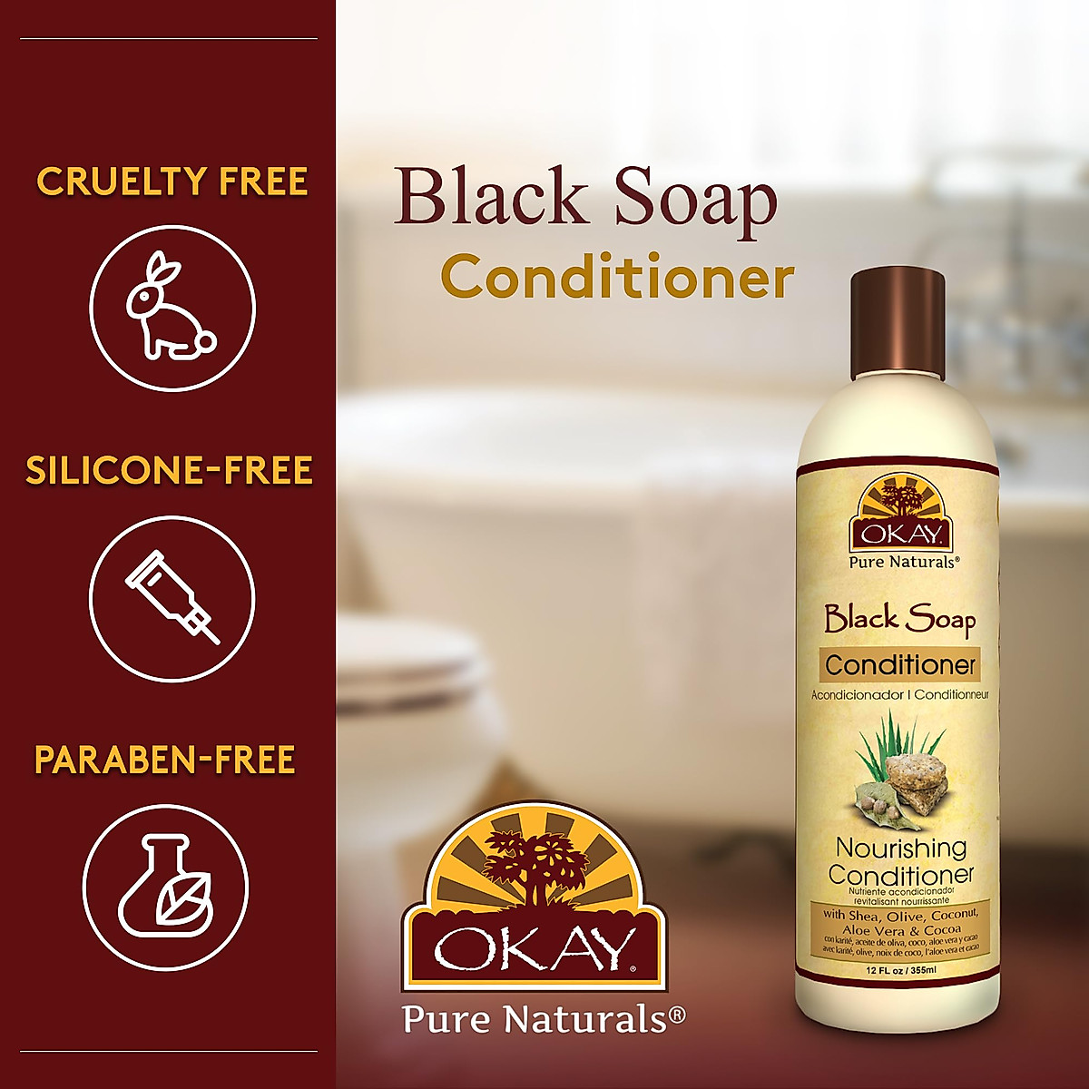 OKAY | African Black Soap Conditioner | For All Hair Types & Textures | Hydrate & Moisturize | With Shea, Olive, Coconut, Aloe Vera and Cocoa | Free of Parabens, Silicones, Sulfates | 12 oz